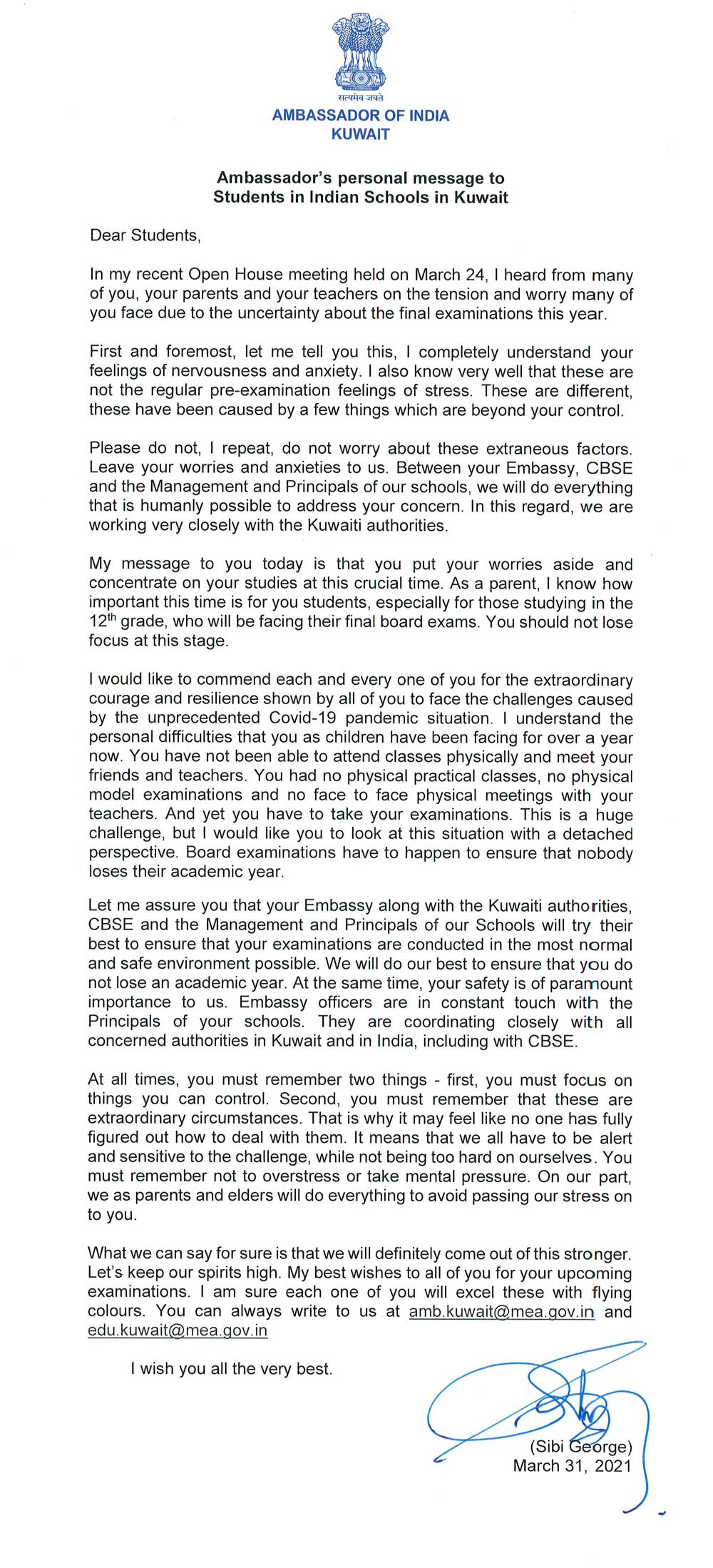 Ambassador's message to Students of Indian schools in Kuwait Ambassador's message to Students of Indian schools in Kuwait